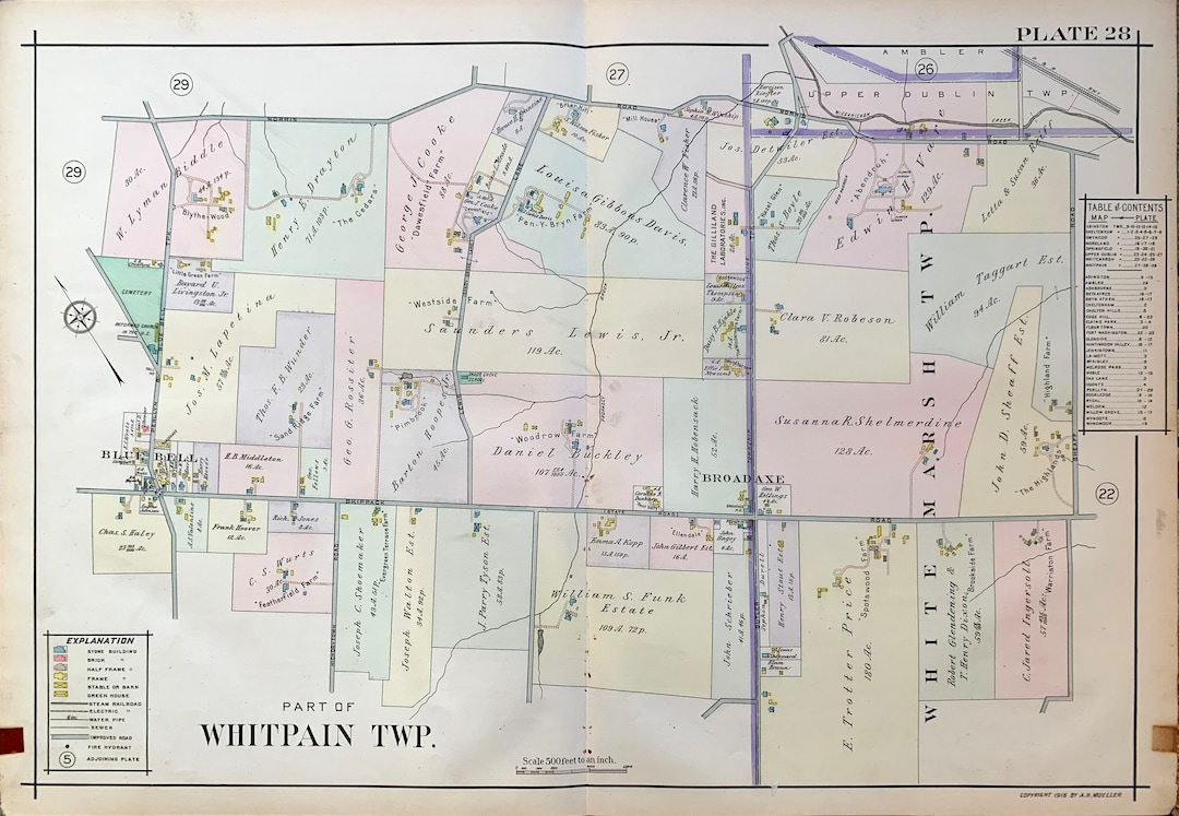 Whitpain Township Map, Original 1916 North Penn Atlas, Blue Bell, White ...
