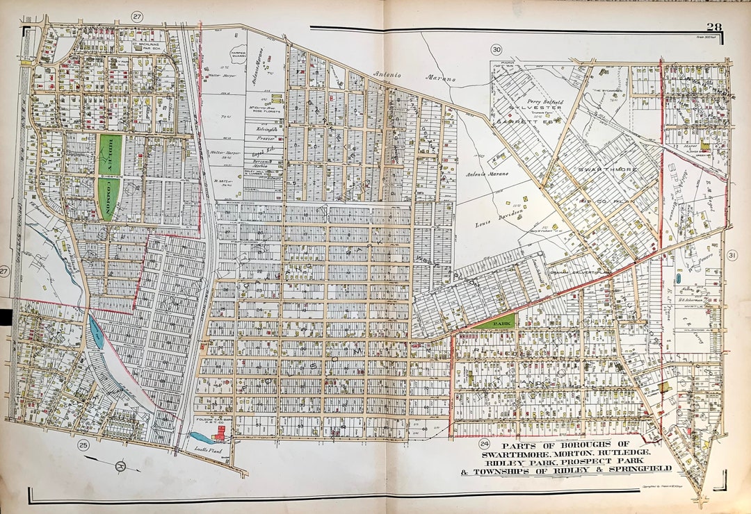 Ridley Township Map, Original 1929 Delaware County Atlas, Swarthmore ...