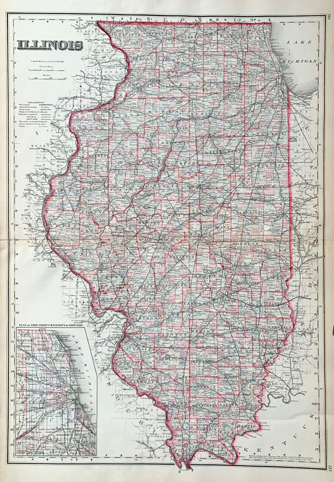 Antique Illinois Map, Original 1883 Grays National Atlas, Chicago Map, Cook County, Land of ...