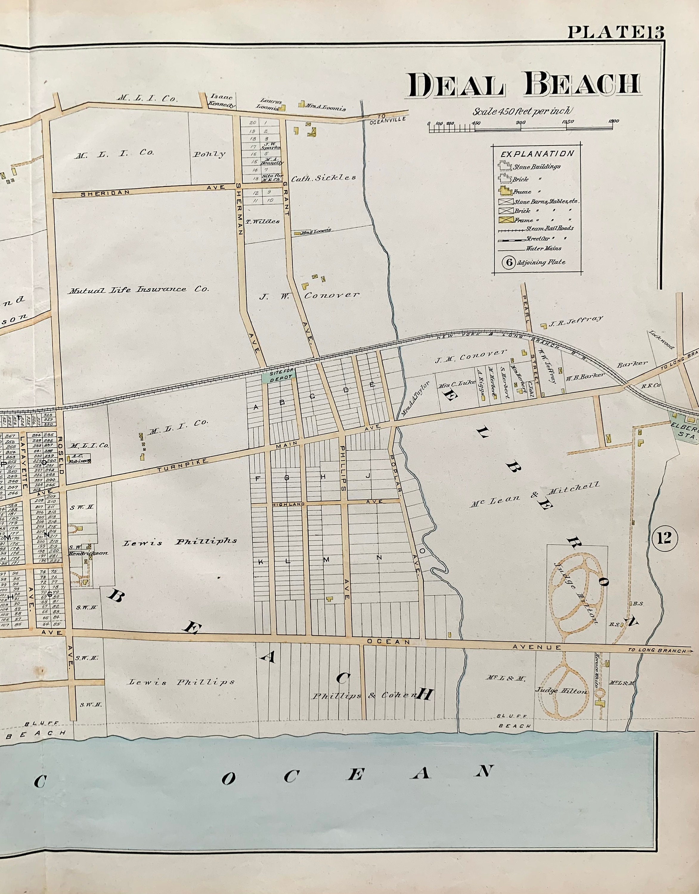 Deal Beach Map, Original 1889 Monmouth County Atlas, Elberon ...