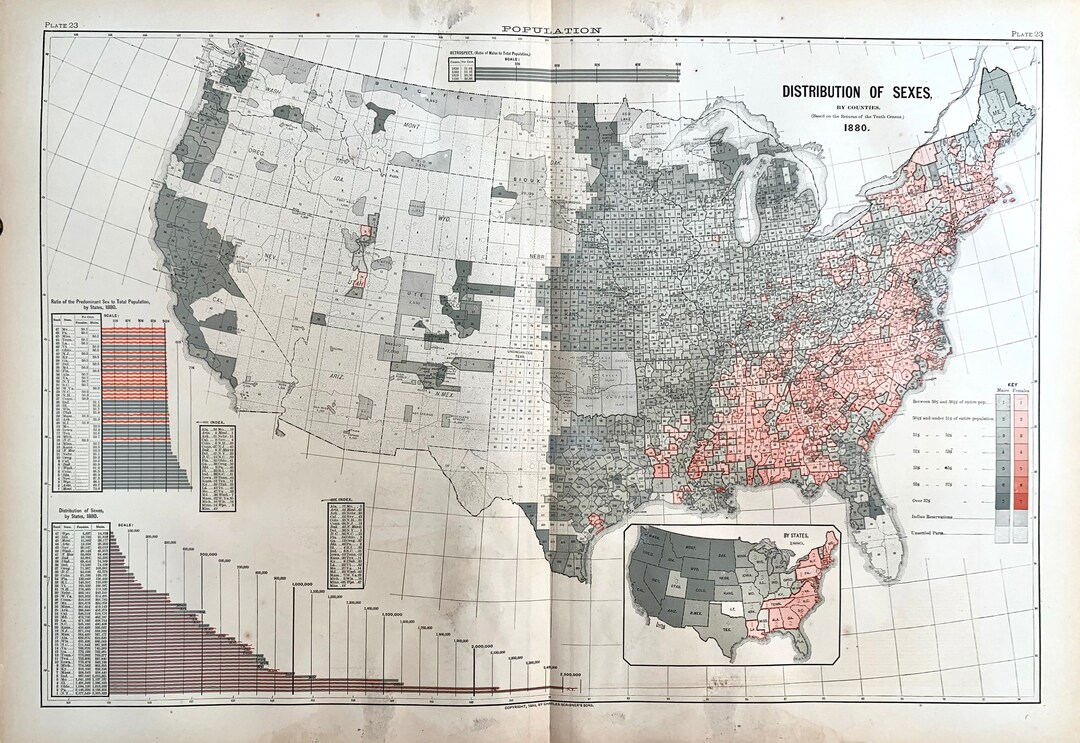 Mapa de distribución de sexos, Atlas Scribners original de 1883, Atlas ...