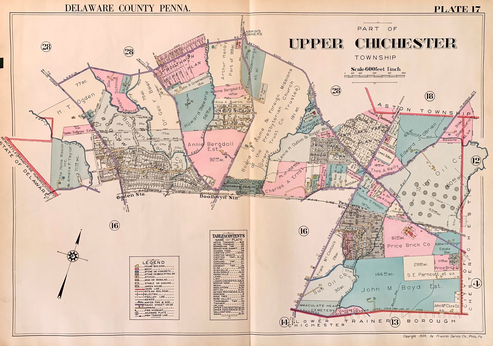 Upper Chichester Map, Original 1934 Delaware County Atlas, Garnet ...