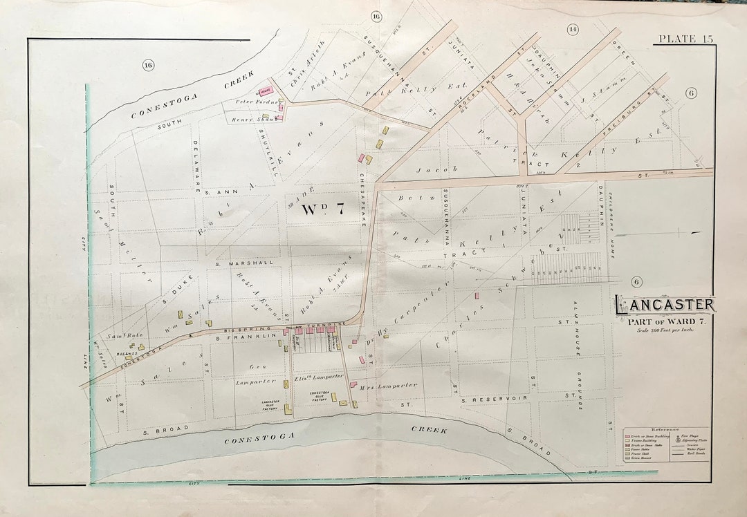 Lancaster City Map, Original 1886 Baists Atlas, Thaddeus Stevens ...