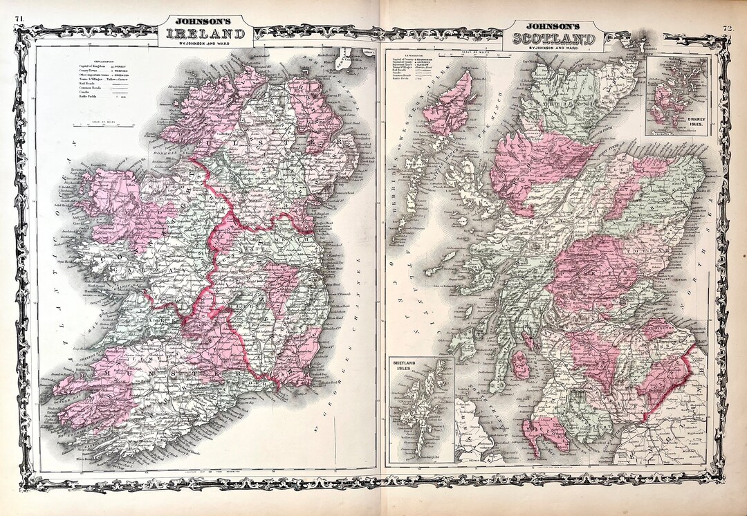 Ireland and Scotland Map, Original 1863 Johnsons Atlas, Dublin ...