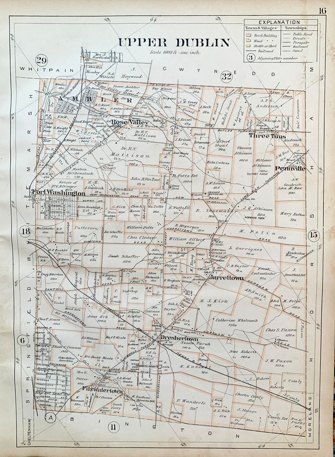 Upper Dublin Map, Original 1893 Montgomery County Atlas, Ambler, Fort ...