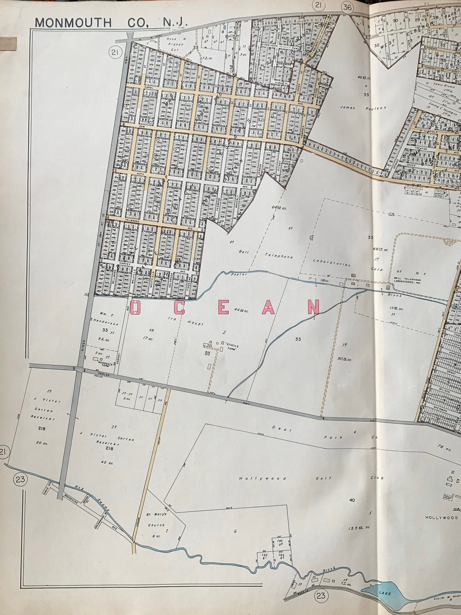 Ocean Township Map, Original 1941 Monmouth County, New Jersey Atlas Map ...