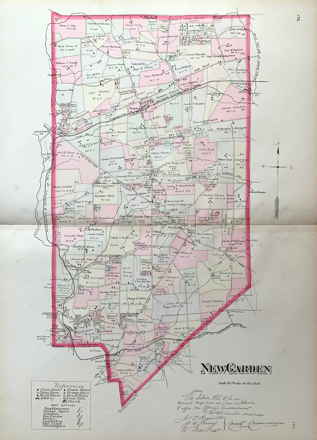 New Garden Township Map, Original 1883 Chester County Pennsylvania Farm ...