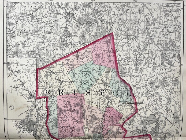 Bristol County Map, Original 1871 Massachusetts Atlas, New Bedford ...