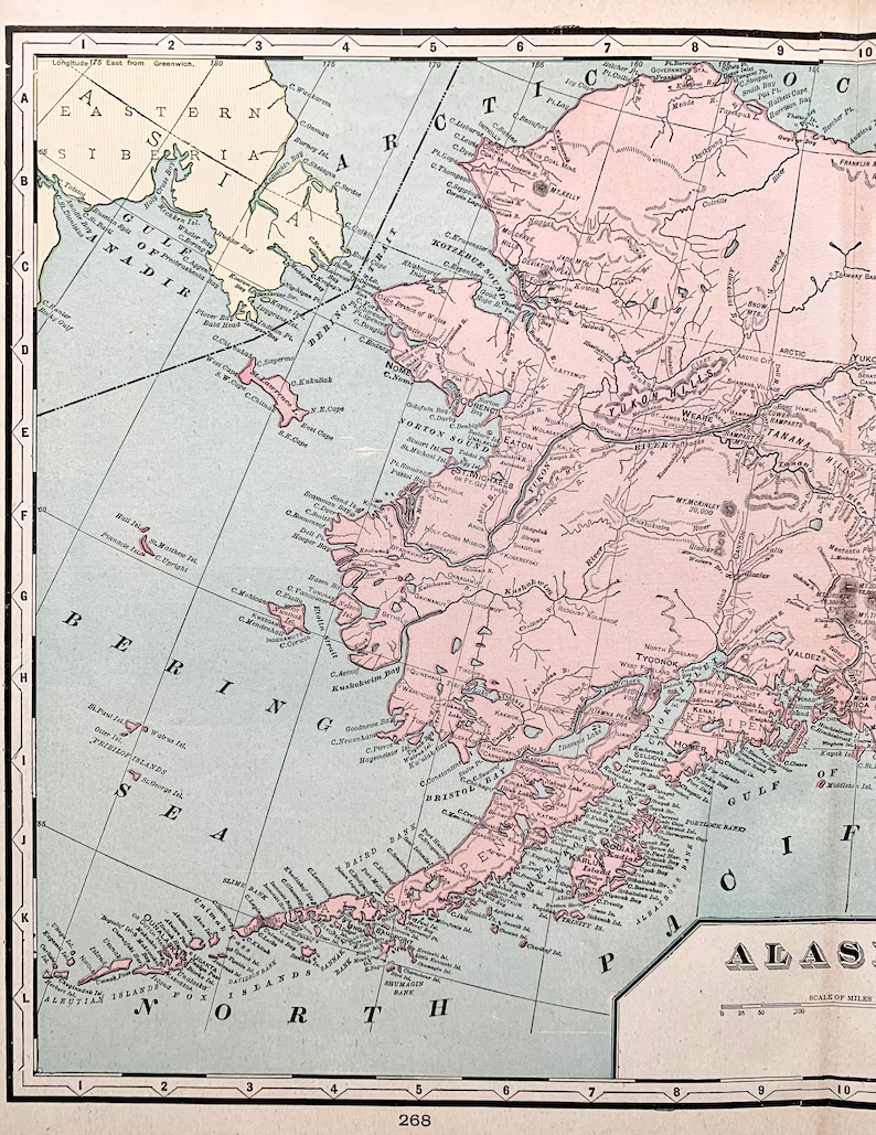 Alaska Map, Original 1900 Crams Atlas, Junea, Sitka, Bristol Bay ...