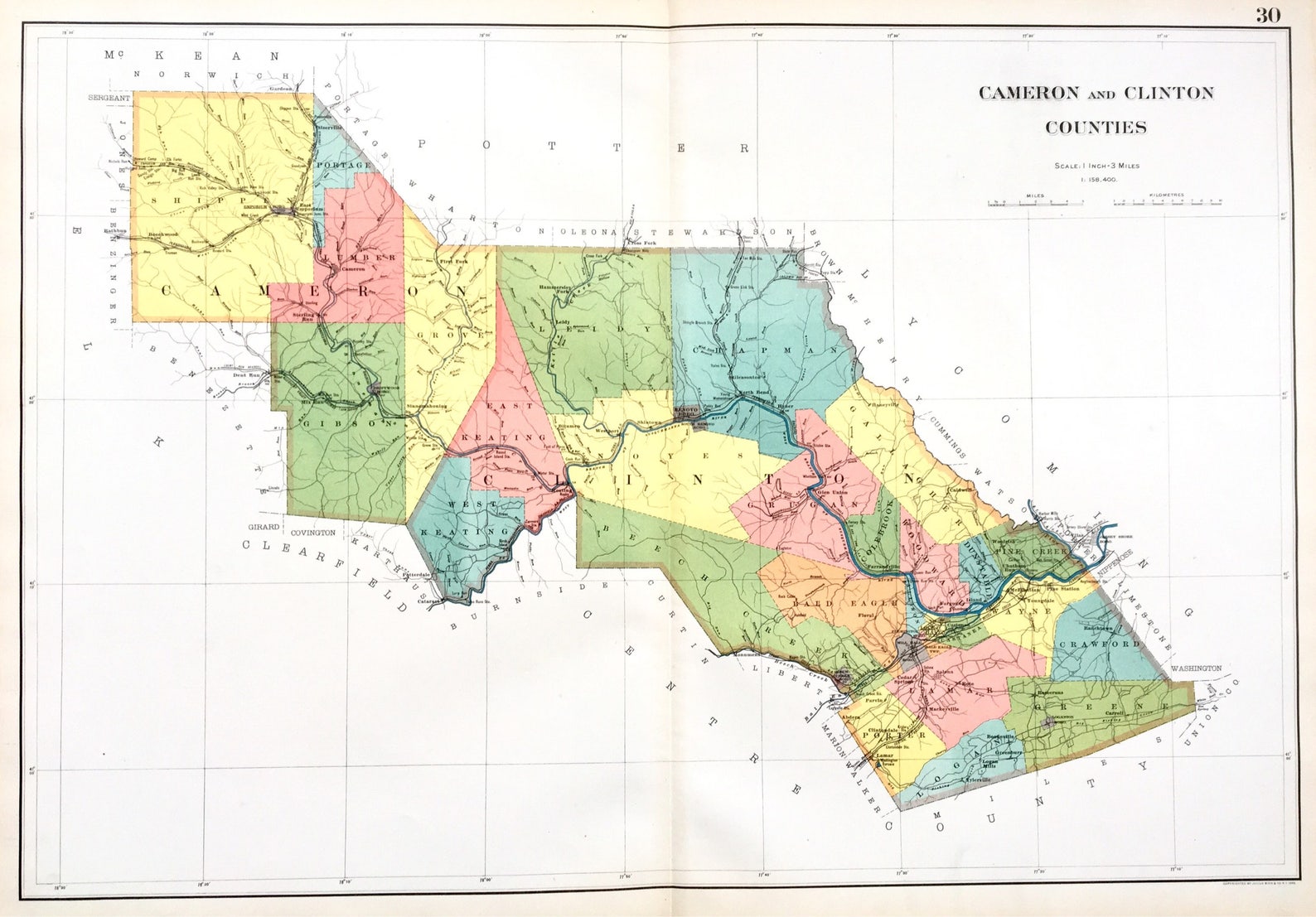 Original 1900 Atlas Map of Cameron and Clinton Counties From the State ...