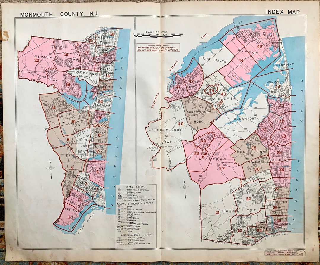 Monmouth County Map, Original 1941 Monmouth County Atlas, Red Bank, Sea ...