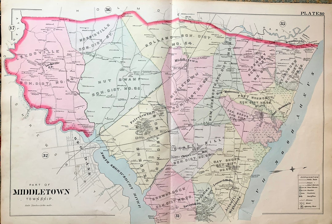 Middletown New Jersey Map, Original 1889 Monmouth County Atlas, Port ...