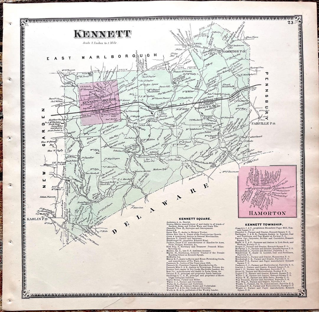 Kennett Township Map, Original 1873 Chester County Farm Atlas, Kennett ...