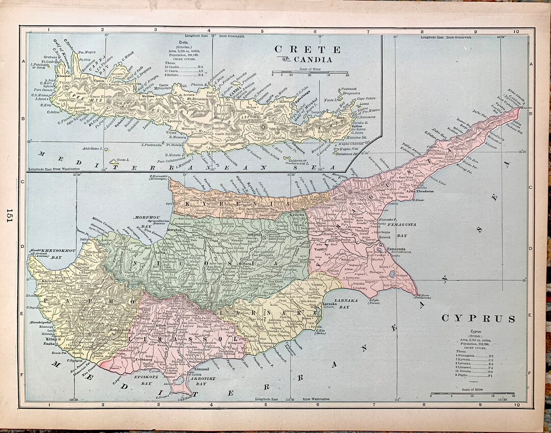 Crete Map, Cyprus, Original 1895 Crams Atlas, Greece, Turkey - Etsy