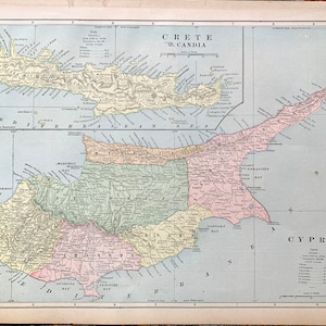 Crete Map, Cyprus, Original 1895 Crams Atlas, Greece, Turkey - Etsy