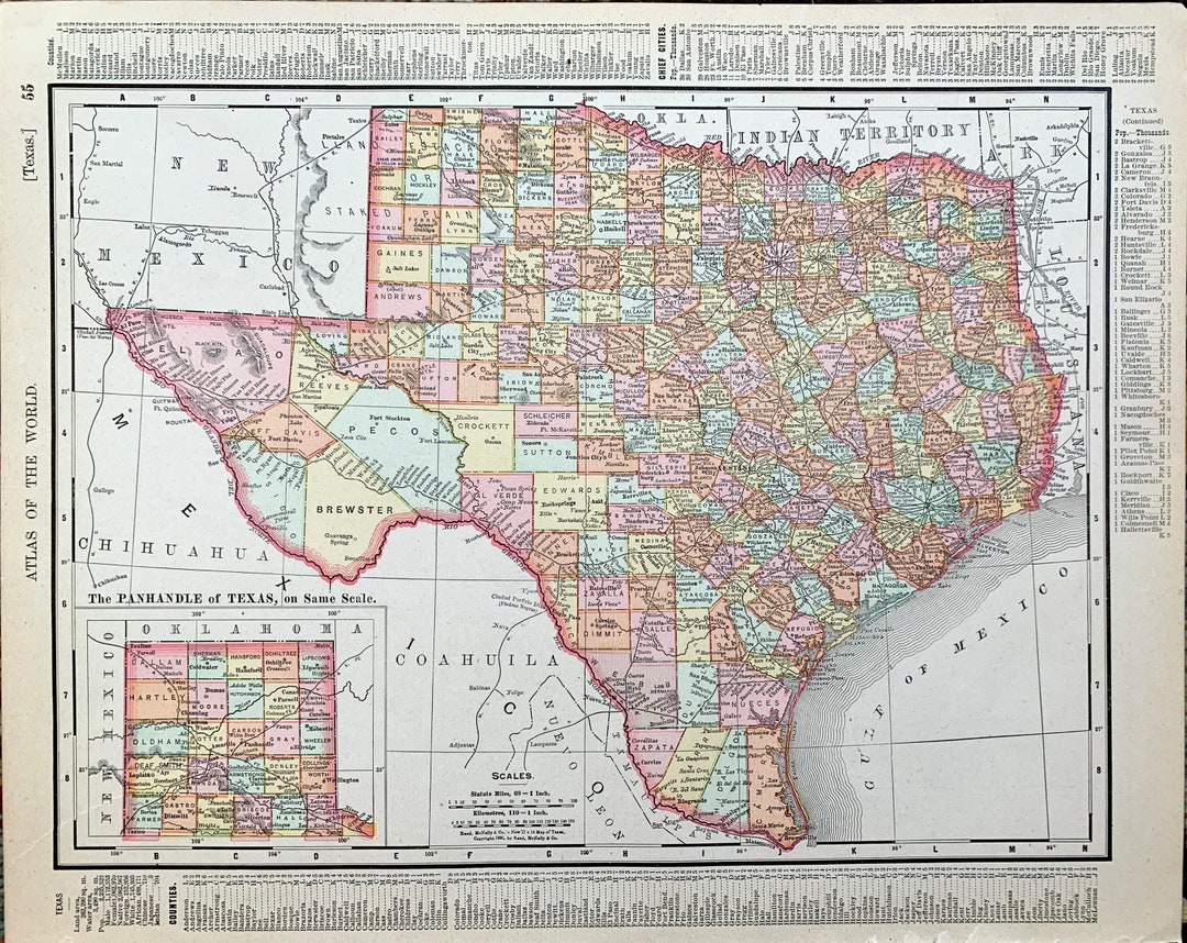 Texas Map, Original 1900 Rand Mcnally Atlas, Texas Panhandle, State of ...