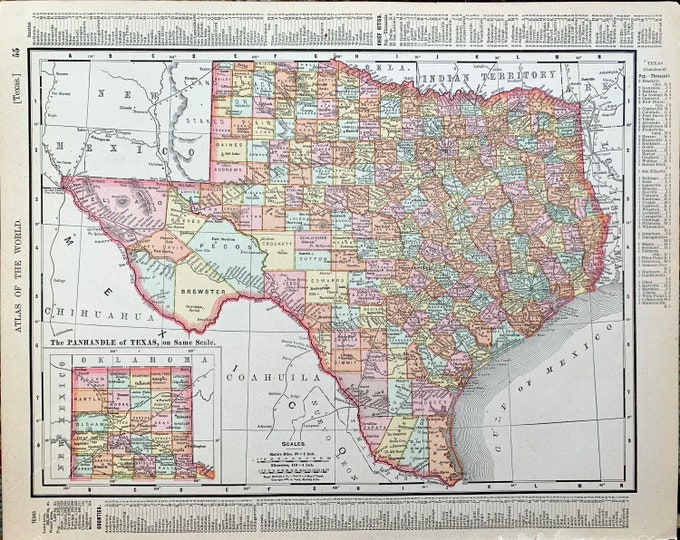 Texas Map, Original 1900 Rand Mcnally Atlas, Texas Panhandle, State of ...