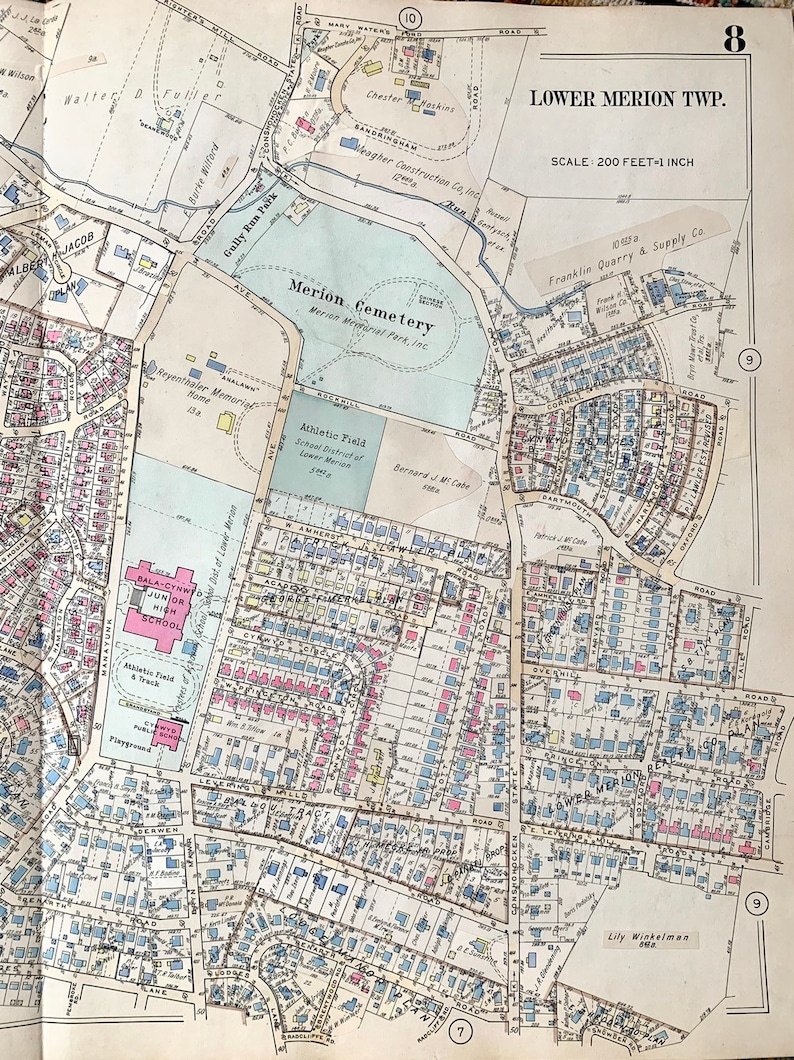 1947 Cynwyd Map, Original Main Line Atlas Map, Lower Merion Township ...