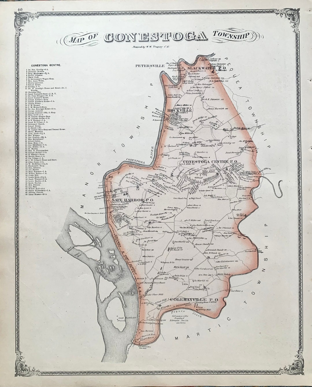 Conestoga Township Map, Original 1875 Lancaster County Atlas, Safe ...