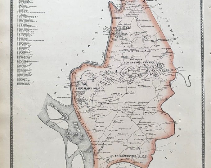 Conestoga Township Map, Original 1875 Lancaster County Atlas, Safe ...