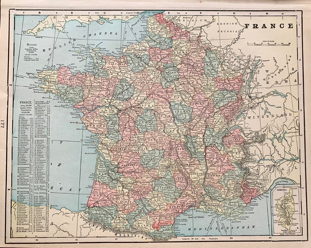 France Map, Original 1895 Crams Atlas, Paris, French Republic, Riviera ...