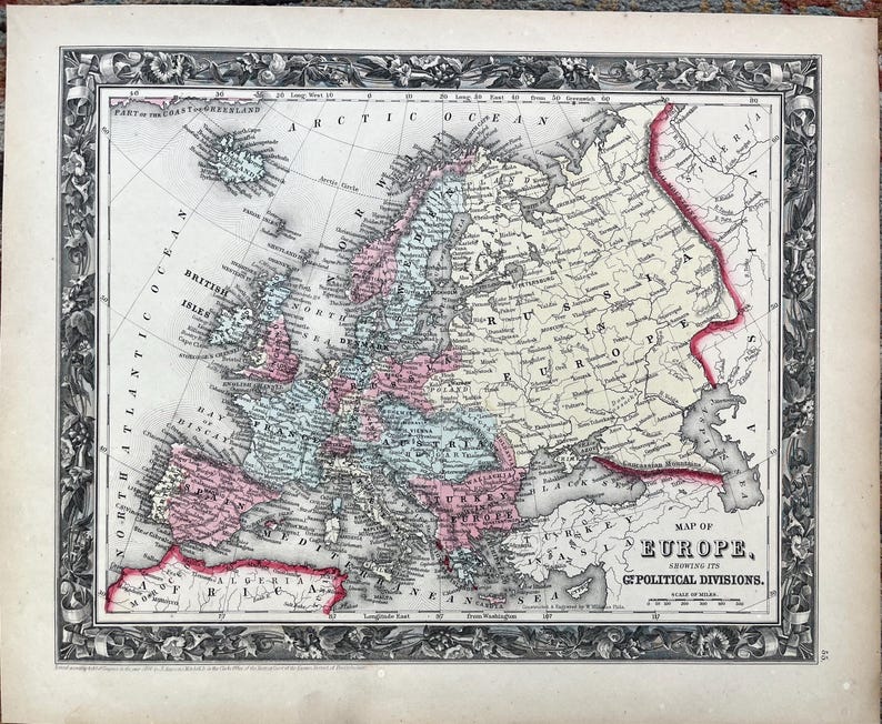 Europe Map, Antique Original 1863 Mitchells Atlas, France, Spain ...
