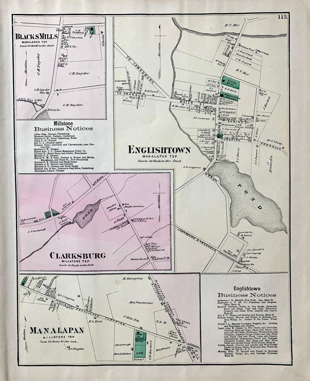 Englishtown Map, Original 1873 Monmouth County, New Jersey Atlas ...