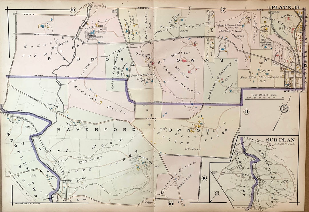 Haverford Township Map, Original 1908 Mainline Atlas, Radnor Township ...