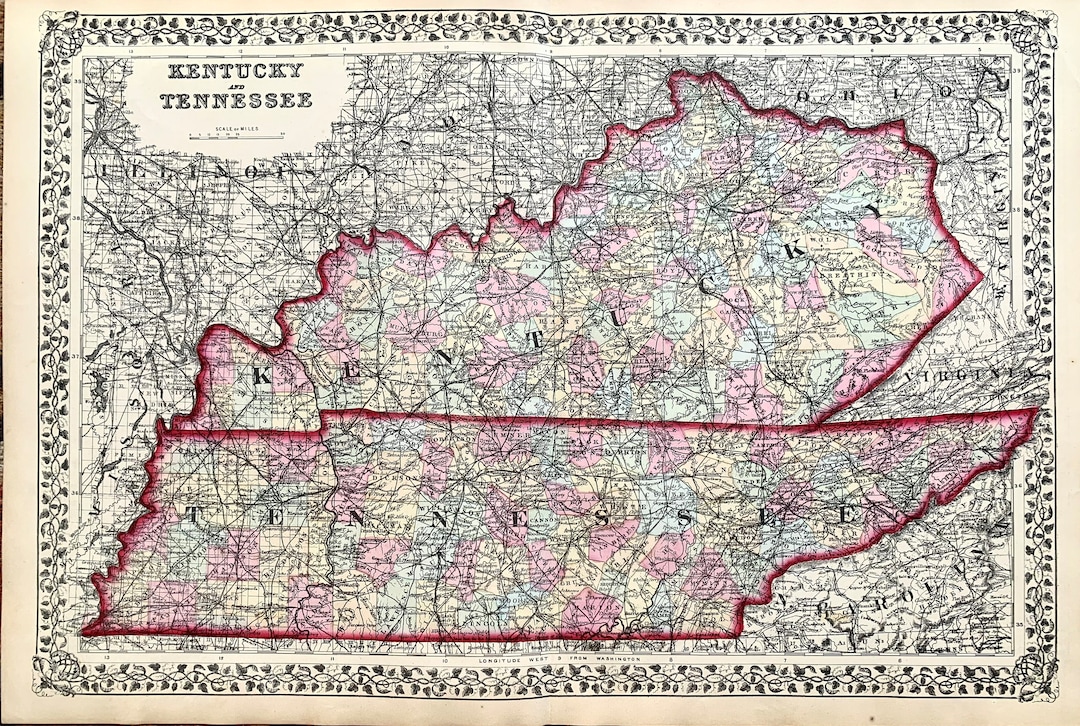 Kentucky and Tennessee Map, Original 1874 Mitchells Atlas, Louisville ...