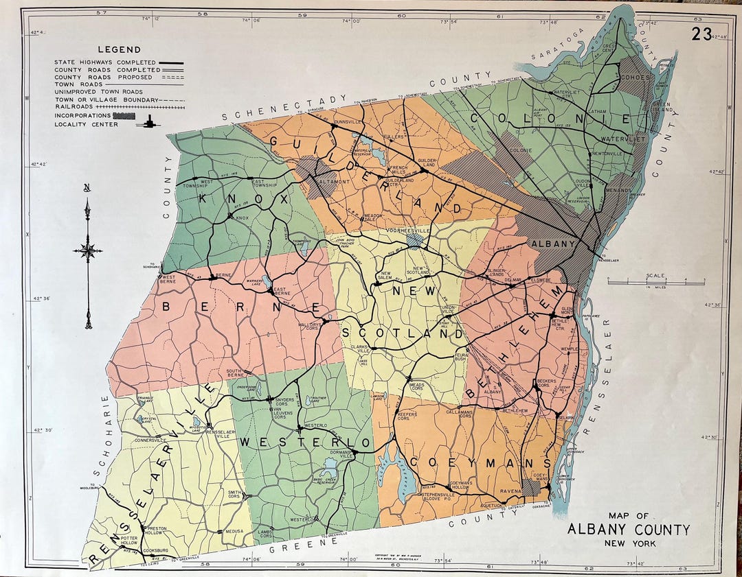 Albany County Map, Original 1941 New York State Atlas, Bethlehem ...