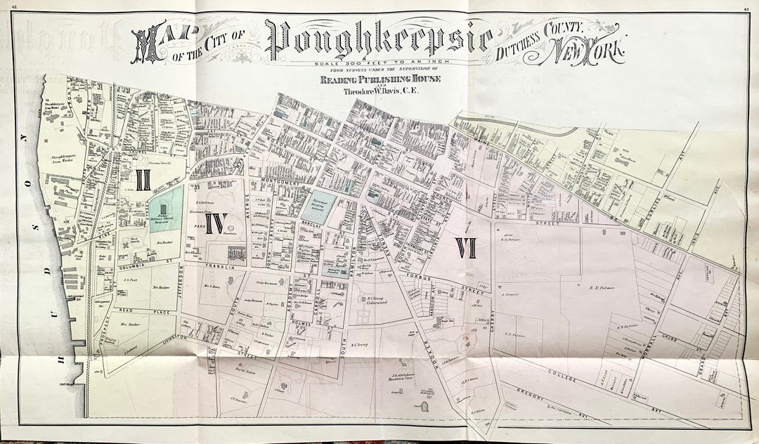 Poughkeepsie Map, Original 1876 Dutchess County Atlas, Vasser College ...