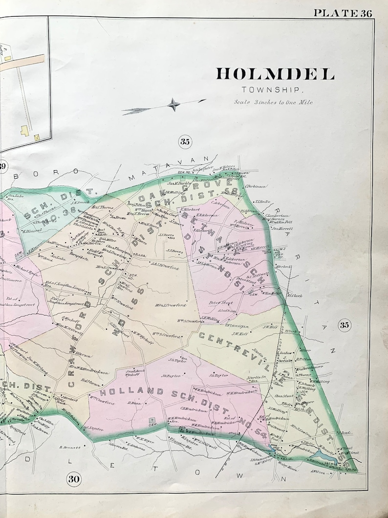 Holmdel Township Map, Original 1889 Monmouth County Atlas, Morrisville ...
