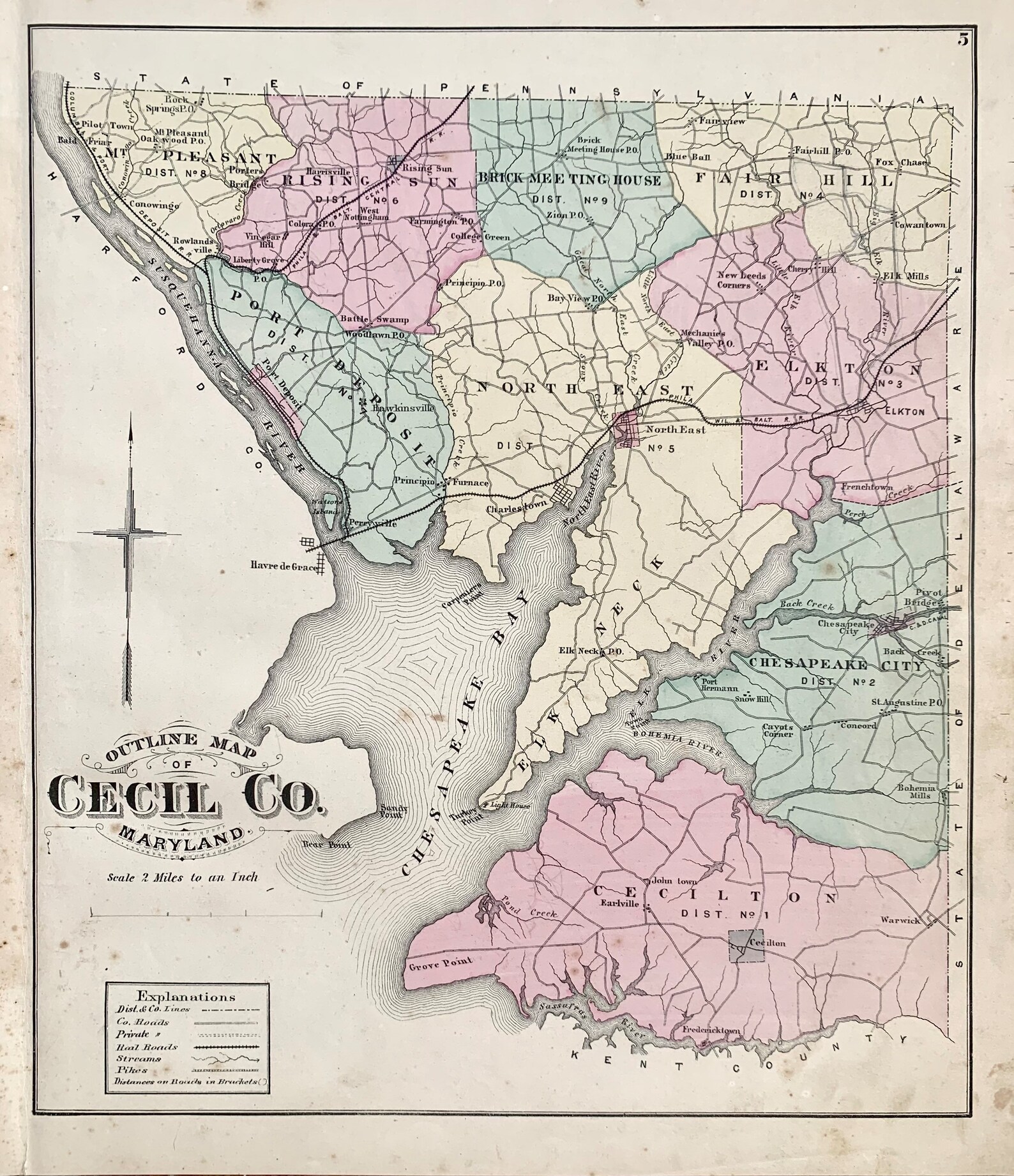 Cecil County Maryland Atlas Map, Original 1877 Hand Colored, Cecil ...