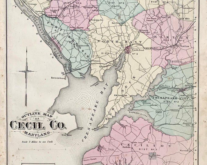Cecil County Maryland Atlas Map, Original 1877 Hand Colored, Cecil ...