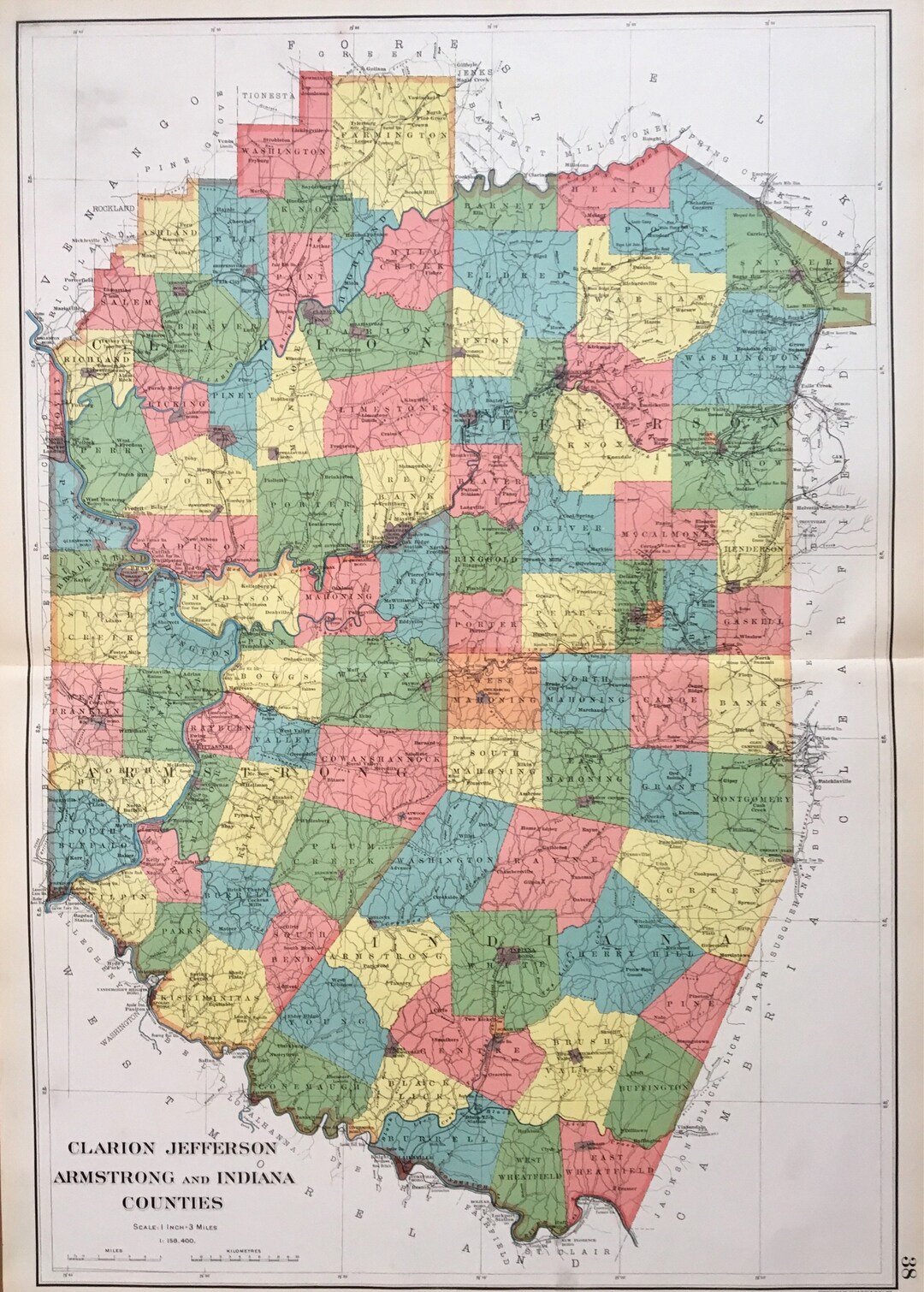Clarion County Map, Original 1900 State of Pennsylvania Atlas Jefferson ...