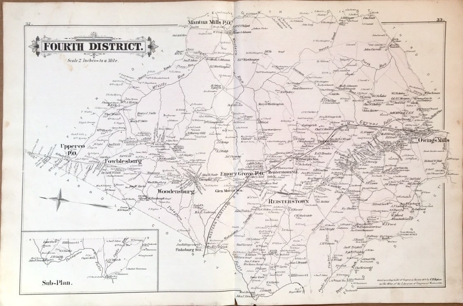Baltimore County Atlas Map, Original 1877 Hand Colored, Fourth District ...