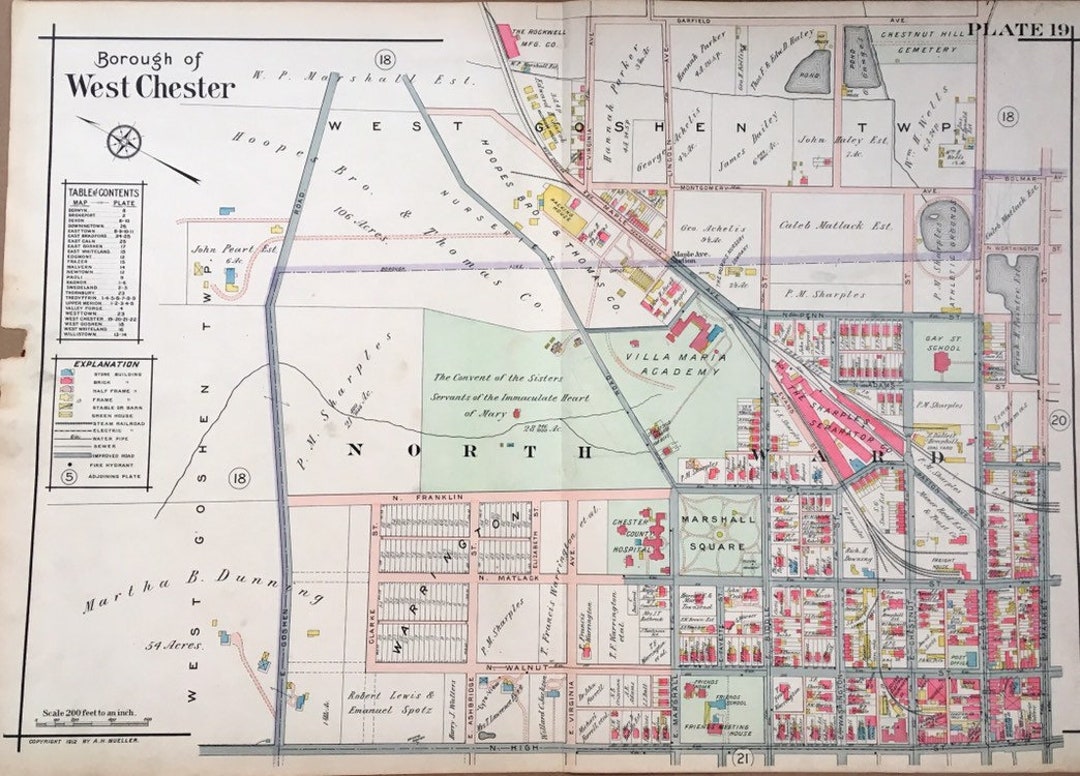 West Chester Pennsylvania Map, Original 1912 Hand Colored, North Ward ...