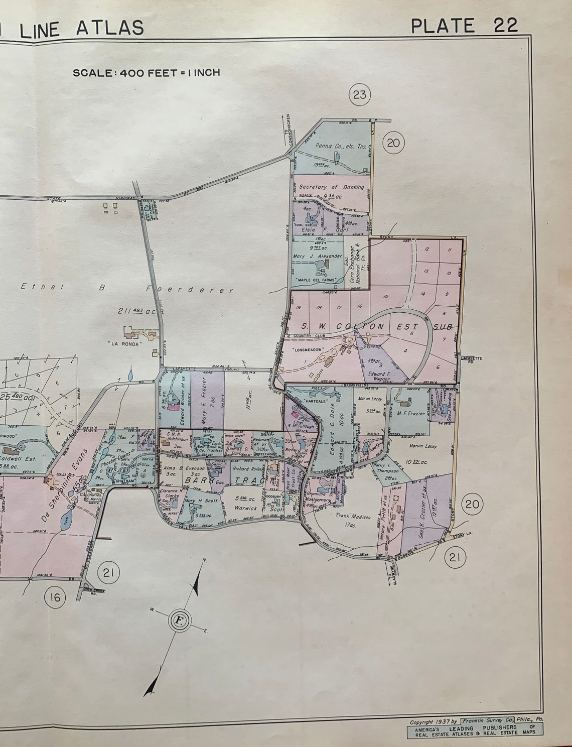 Villanova Map, Original 1937 Main Line Atlas, Bryn Mawr, Harriton Park ...