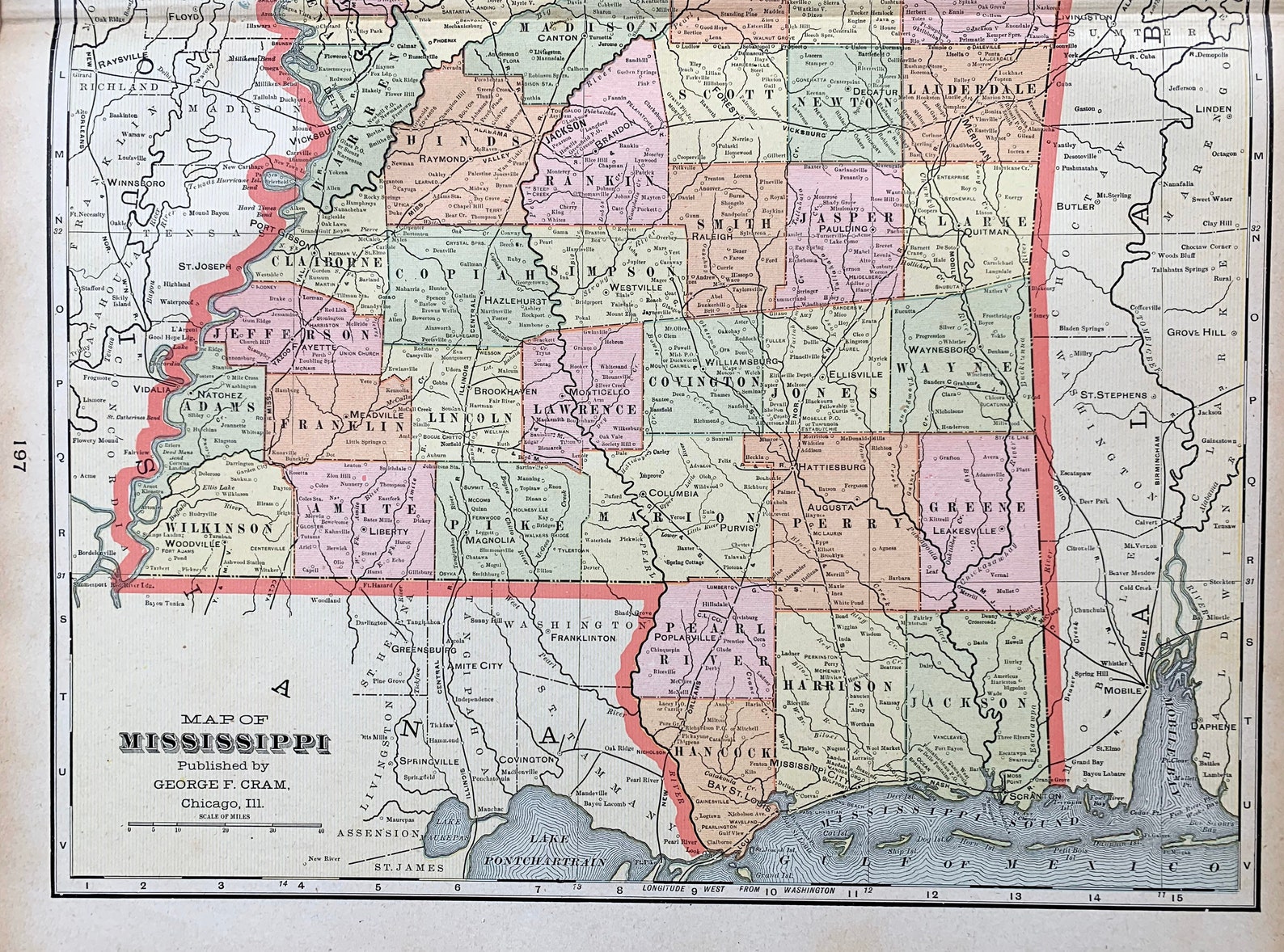 Antique Mississippi Map, Original 1895 Crams Atlas, State of ...