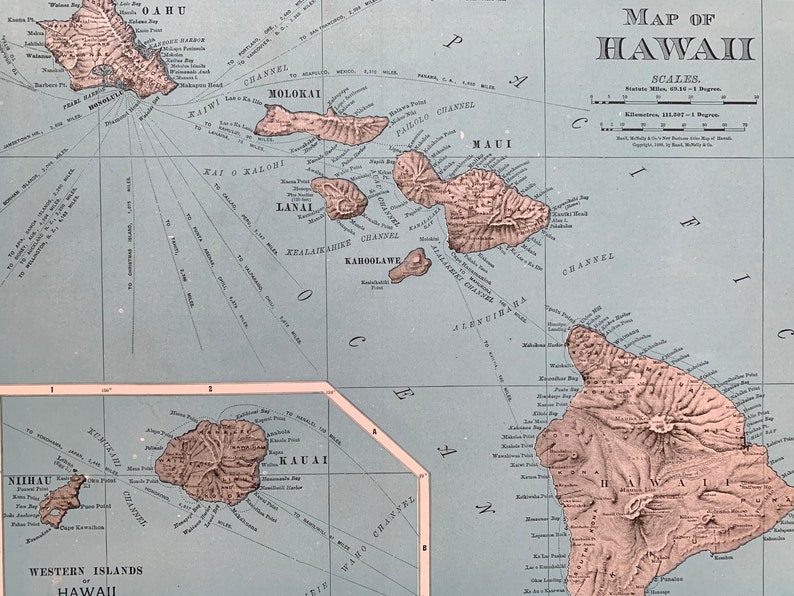 Hawaii Map, Original 1900 Rand Mcnally Atlas, Oahu, Maui, Honolulu ...
