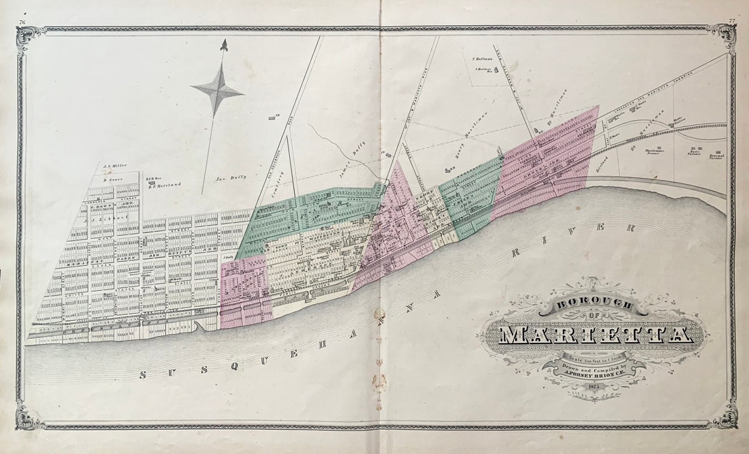 Marietta Borough Map, Original 1875 Lancaster County Atlas, Fulton ...