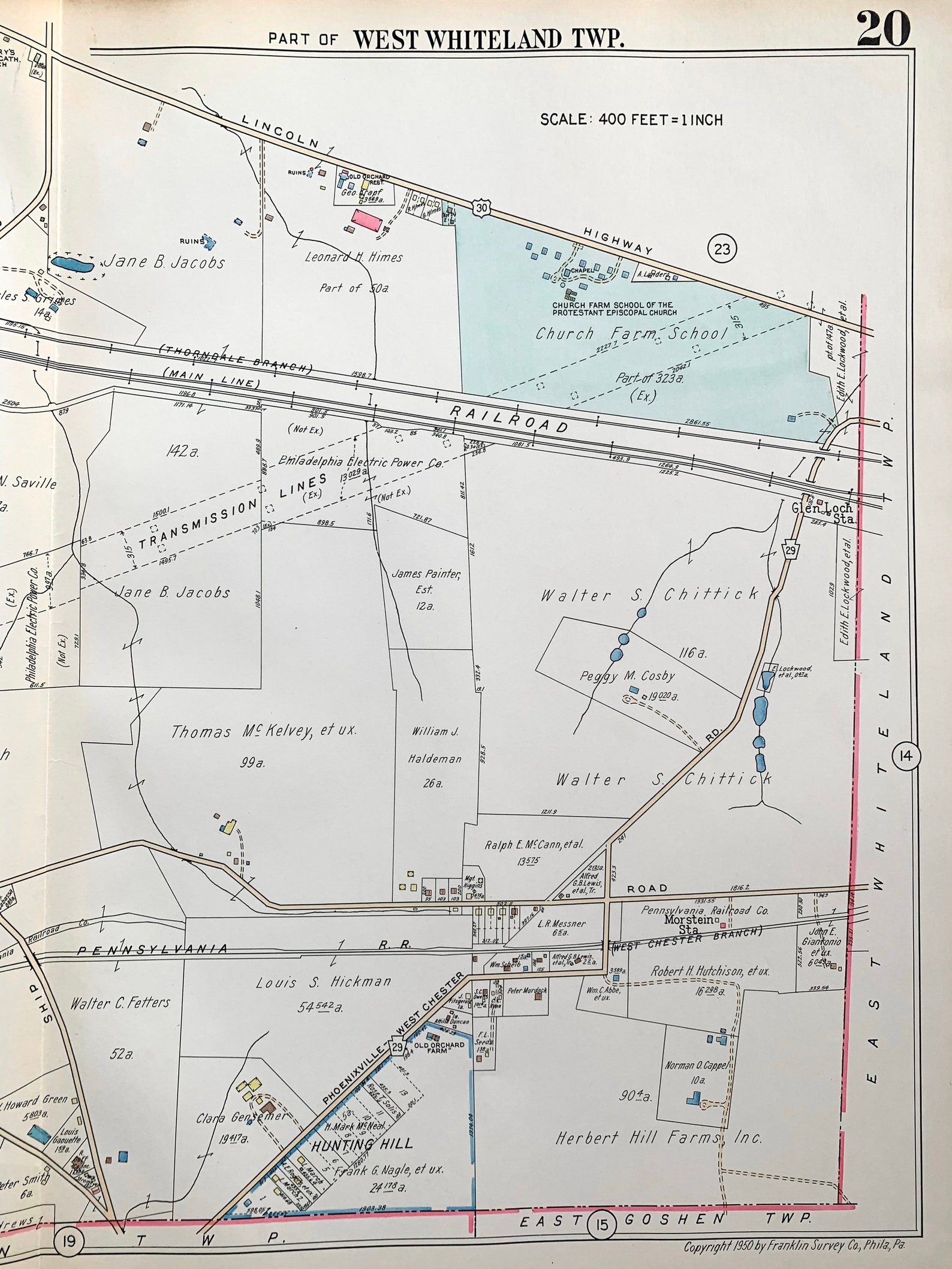 West Whiteland Township Map, Original 1950 Franklin Survey Main Line ...