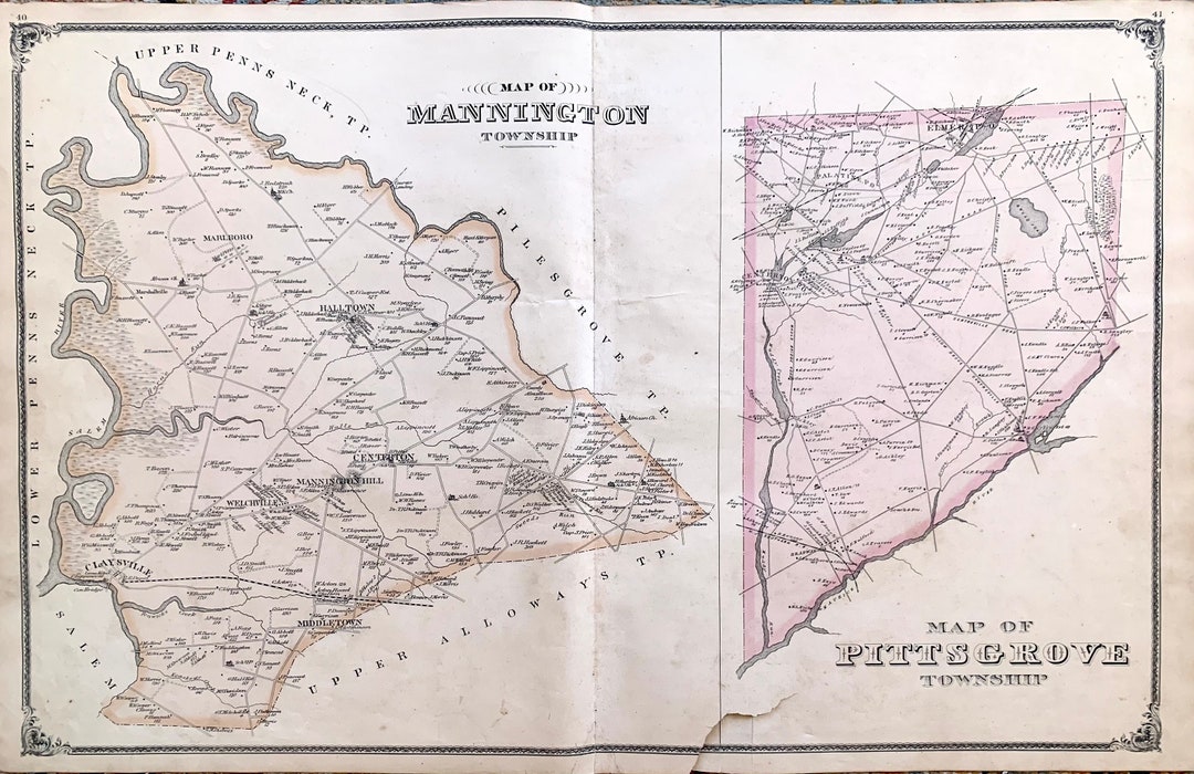 Mannington Township Map, Original 1876 Salem County Atlas, Pittsgrove ...