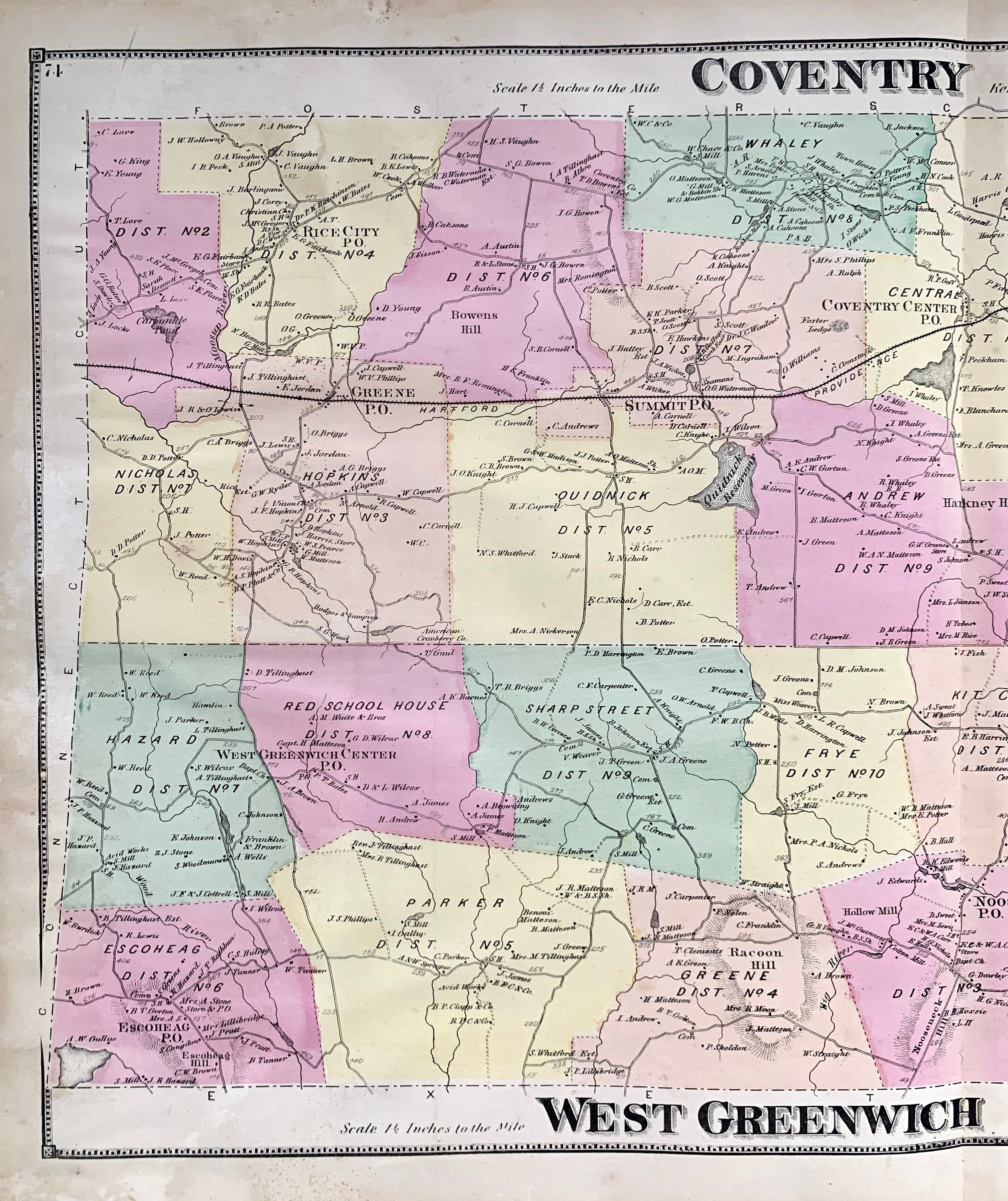 Coventry Map, Original 1870 Rhode Island Atlas, East Greenwich Map ...