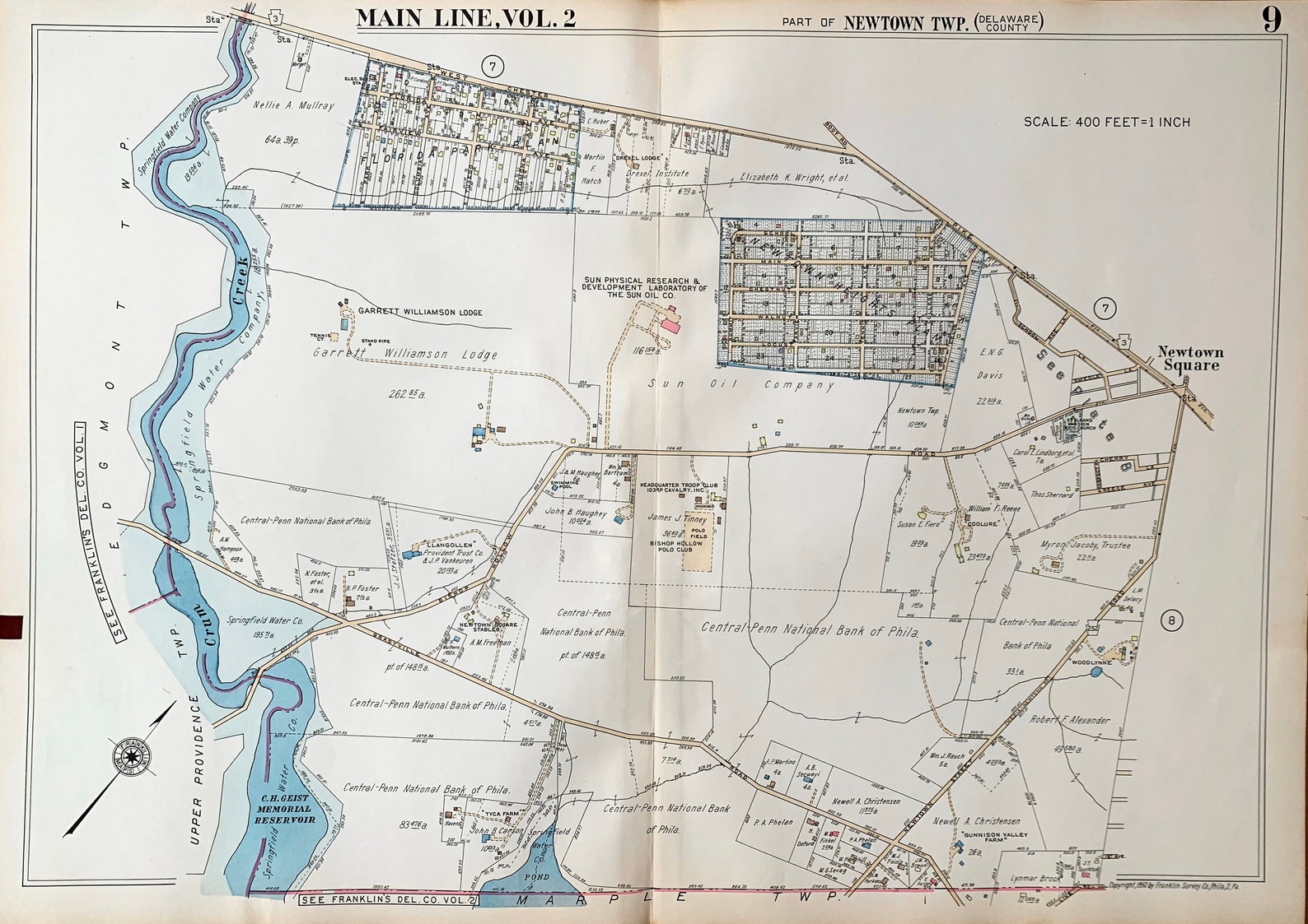 Newtown Township Map, Original 1950 Franklin Survey Main Line Atlas ...