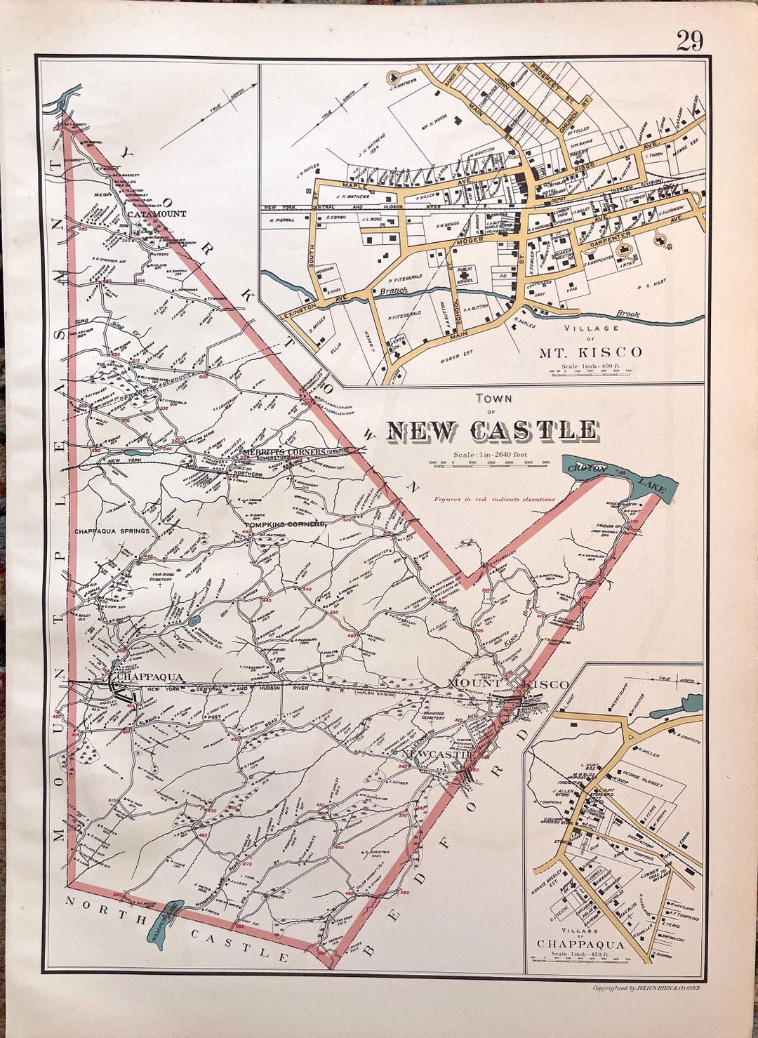 New Castle Map NY, Original 1890 Westchester County Atlas, Mount Kisco, Chappaqua, Wampus Lake ...