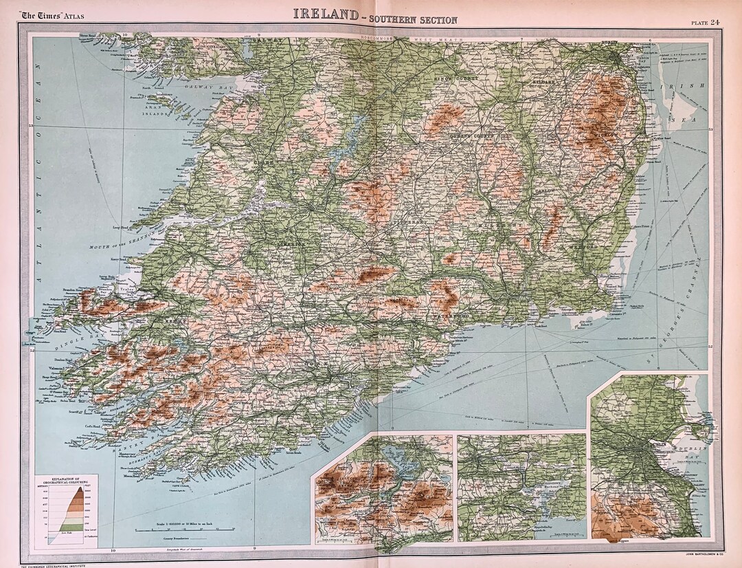 Ireland Map, Southern Ireland, Original 1922 Times Atlas, Dublin, Cork ...