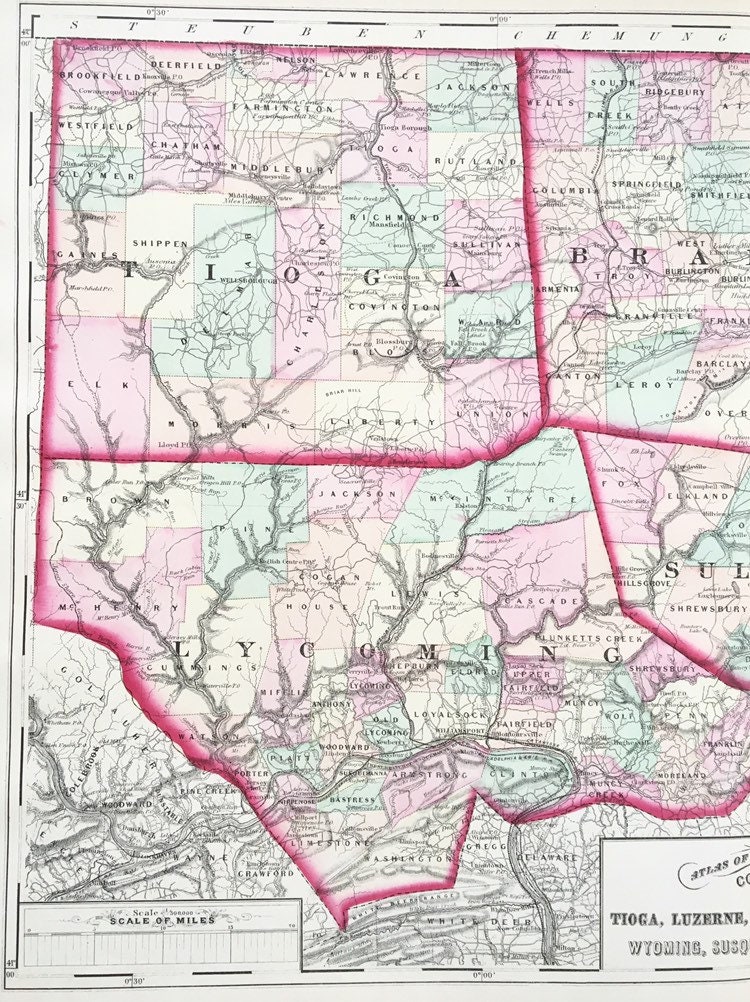 Lycoming County Map, Original 1872 Pennsylvania Atlas, Tioga, Luzerne ...