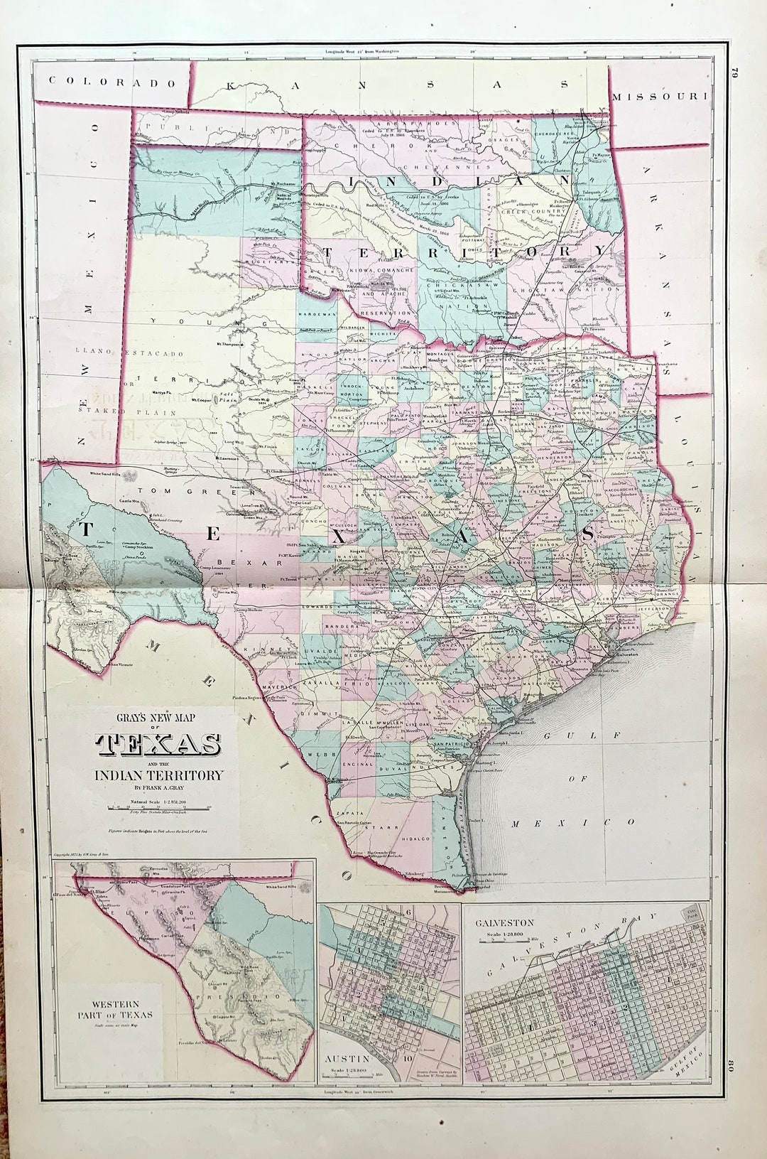 Texas Map, Original 1877 Grays Atlas, Indian Territory Map, the Lone ...