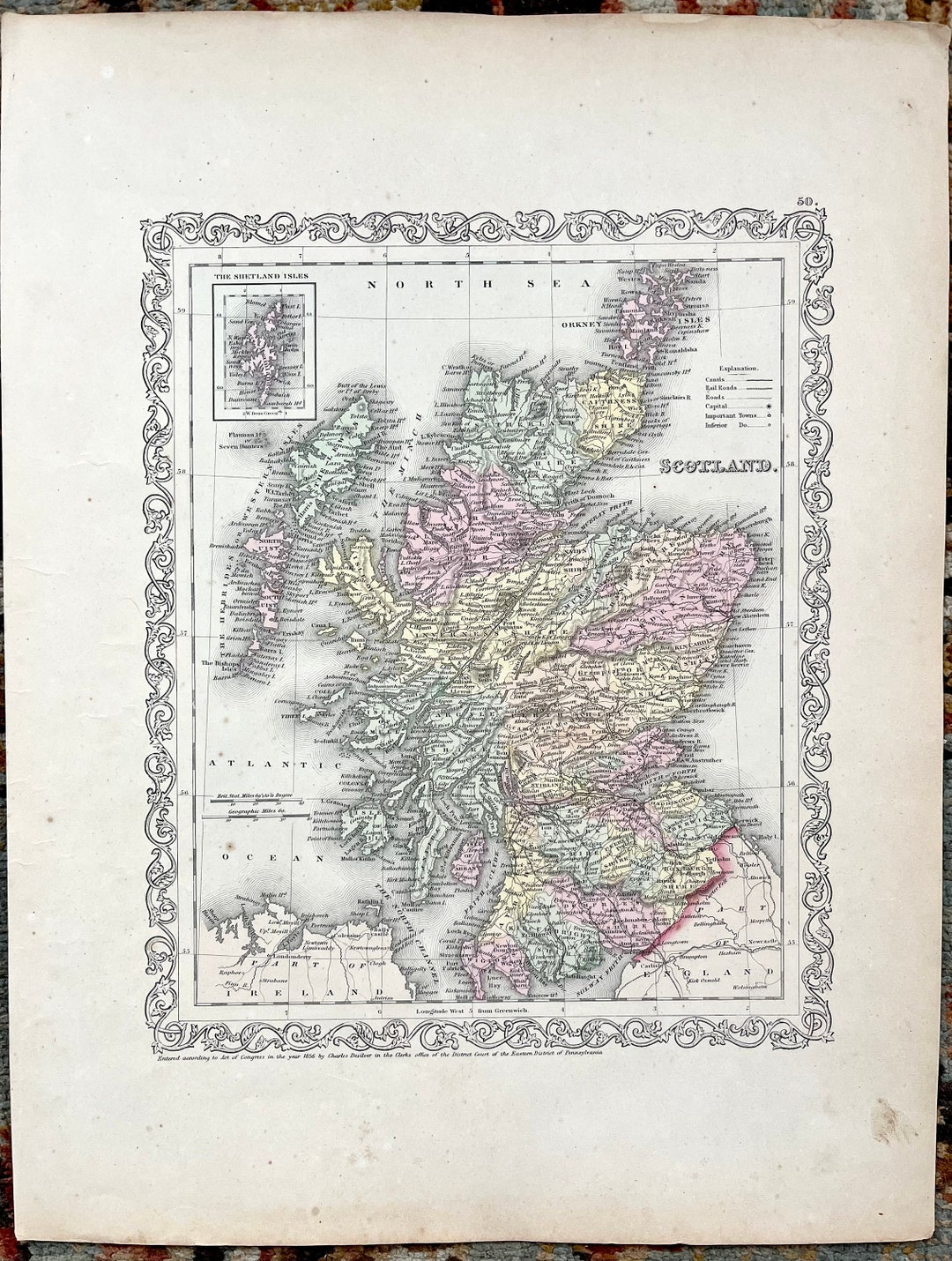 Antique Scotland Map, Original 1856 Desilver Atlas, Edinburgh, Scottish ...